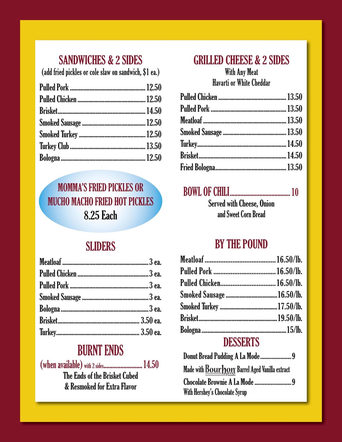 Menu – Momma's Mustard, Pickles & BBQ