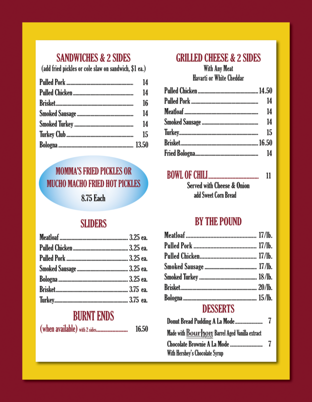 Menu – Momma’s Mustard, Pickles & BBQ